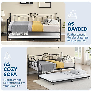 IDEALHOUSE Twin Bed with Trundle, Twin Daybed Metal Guest Sofa Bed Frame for Living Room, Bedroom, Heavy Duty, No Box Spring Needed, Space Saving, Black
