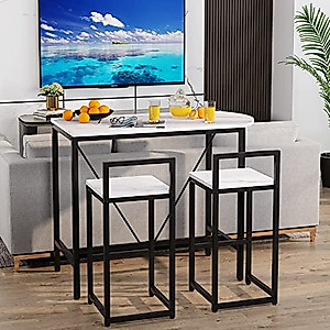 Tribesigns 3-Piece Bar Table Set, Kitchen Pub Dining Table with 2 Bar Stools, Small Space Counter Height Breakfast Table Set with Faux Marble Tabletop for Apartment, White