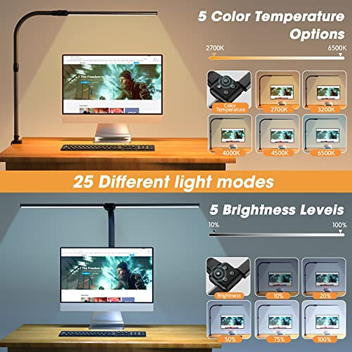 SOMAYO LED Desk Lamp，Architect Desk Lamps for Home Office，24W Brightest Led Workbench Office Lighting-5 Color Modes and 5 Dimmable Eye Protection Modern Desk Lamp for Monitor Studio Reading (b-Black)
