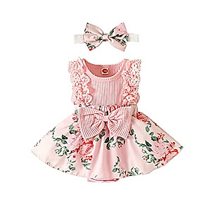 KAFIREN Baby Girl Dresses 6-9 Months Newborn Romper Dress Infant Lace Ruffle Sleeveless Summer Outfits with Headband Pink Flower 6-9 Months 90cm