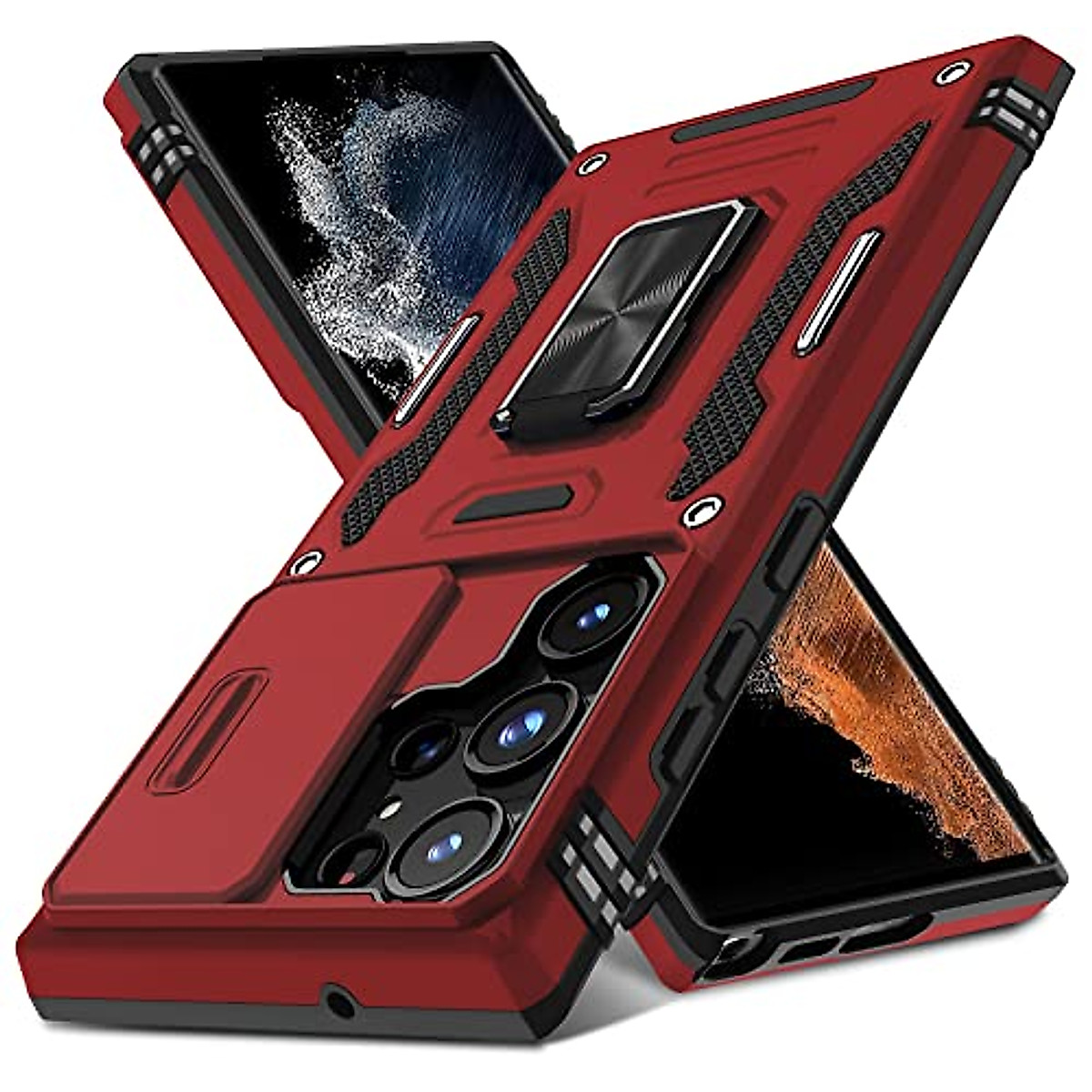 DEERLAMN for Samsung Galaxy S23 Ultra Case with Slide Camera Cover,Built-in Rotated Ring Kickstand [Full Camera Protection] [Military Grade] Heavy Duty Shockproof Protective Case Cover-Red