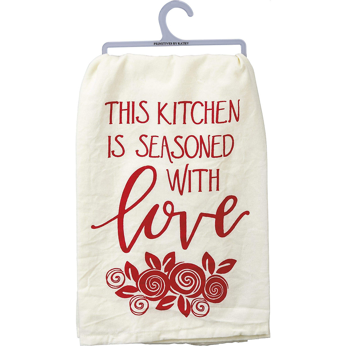 Primitives by Kathy 105158 This Kitchen is Seasoned with Love Cotton Dish Towel, 28-Inch, Red and White