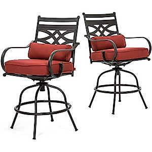 Hanover Montclair 5-Piece High Dining Patio Set with 33'' Steel Stamped Square Bar Height Table and 4 Red Cushioned Tall Swivel Chairs, Modern All-Weather Outdoor Furniture for Backyard and Deck