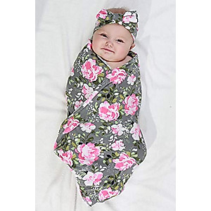 4 Pack Maternity Robe and Matching Baby Swaddle Blanket with Hat Headband Set, Stretchy Knitted Delivery Robe with Pockets and Swaddling Wrap for Mummy and Baby (Pink Flower)