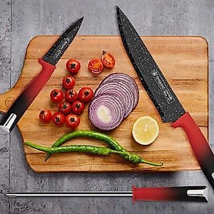 8Pcs Red Kitchen Knife Set, DUFEIMOY Chef Knife Set Professional, Stainless Steel Knife Block Set with Peeler and Knife Sharpener Rod for Cooking Meat Cutting