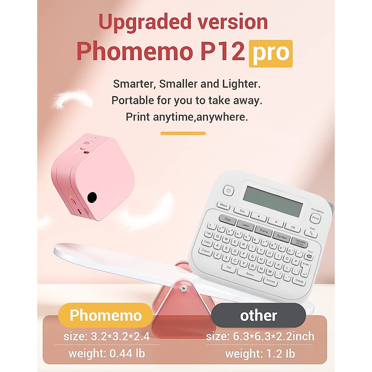 Phomemo Label Maker Machine with Tape, P12 Pro Portable Bluetooth Label Printer, Small Smart Phone Handheld Sticker Mini Labeler Multiple Templates Easy to Use Inkless Rechargeable Office Home- Pink