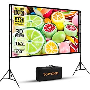 Projector Screen with Stand,Towond 100 inch Portable Projection Screen, Indoor Outdoor Screen 16:9 4K HD Rear Front Movie Screen with Carry Bag Wrinkle-Free Design for Home Theater Backyard Cinema