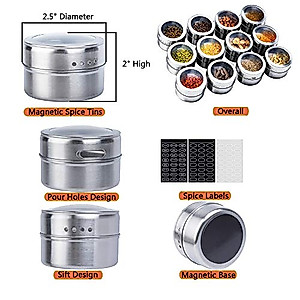 ILEBYGO Magnetic Spice Tins 12pcs Stainless Steel Spice Jars Storage Spice Containers,Clear Top Lid with Sift or Pour,120 Spice Stickers,Magnetic on Refrigerator and Grill