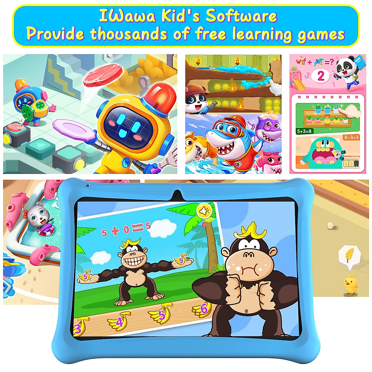 SGIN Tablet for Kids, 2GB RAM 32GB ROM 10 Inch Kids Tablet Android 12 with Case with Parental Control APP, Dual Camera, WiFi, Educational Games，iWawa Pre Installed, Blue