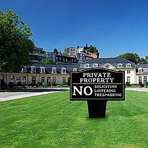 CIGERA Private Property No Trespassing, No Soliciting and No Loitering Signs with Stake, 16x12.5 Inch Rust Free Metal Yard Warning Signs, Great for House and Business