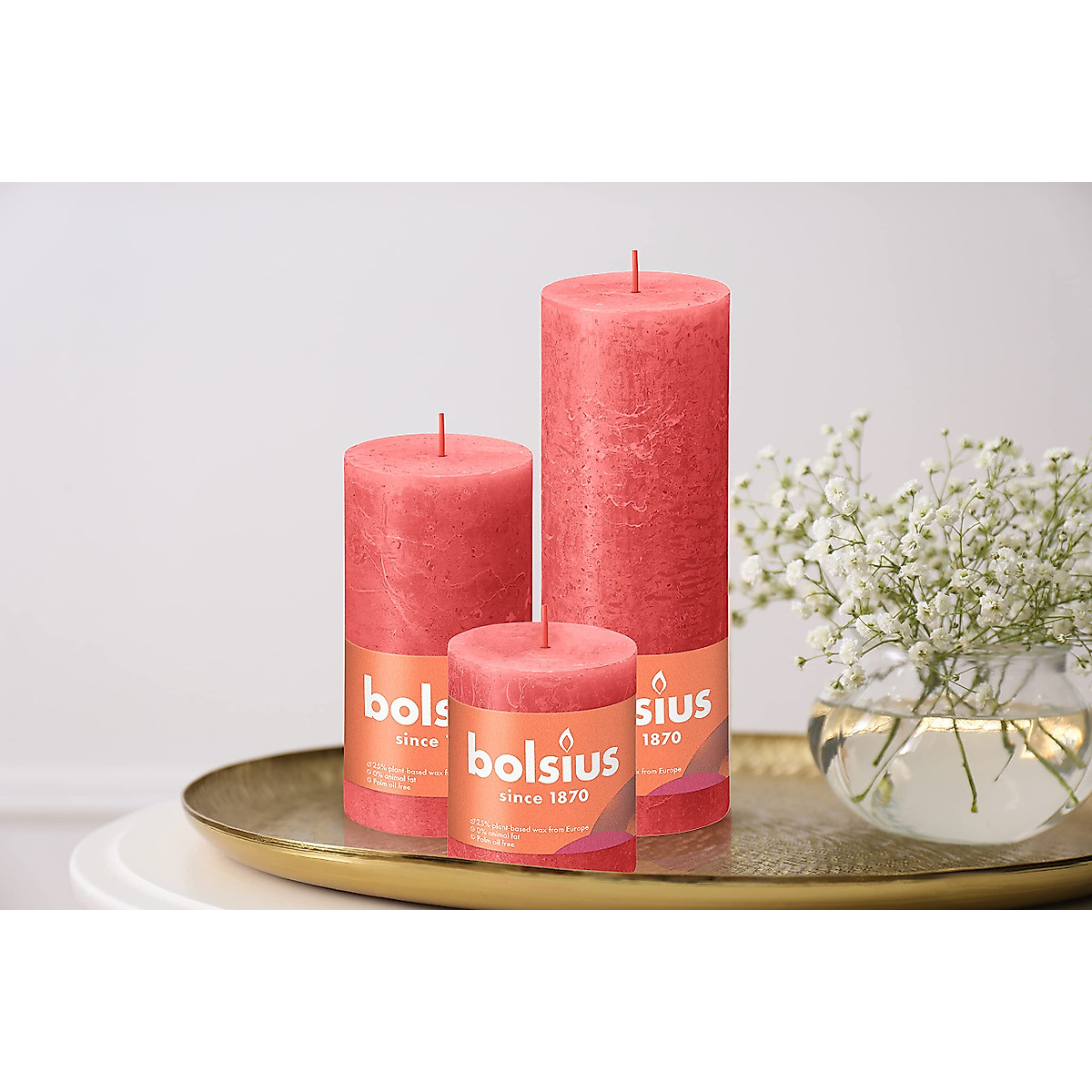 BOLSIUS 4 Pack Blossom Pink Rustic Pillar Candles - 2.75 X 5 Inches - Premium European Quality - includes Natural Plant-Based Wax - Unscented Dripless Smokeless 60 Hour Party Décor Candles