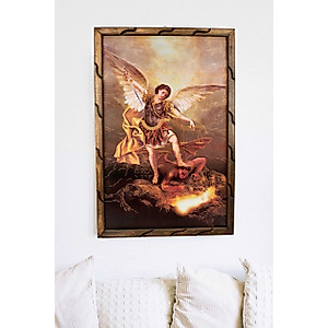 DVDMATINEMOVIES - St. Michael Archangel Oil painting, Special Wooden Rustic Frame 24" x 36" inches St. Michael Archangel Art, San Miguel Cuadro rustico, Acrylic Coating, wall hang, wall decor, General Purposes