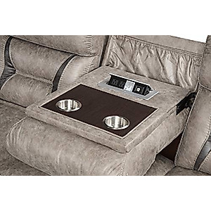 Roundhill Furniture Elkton Manual Motion Reclining Sofa and Loveseat with Storage Console, Taupe