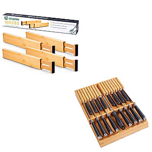 Utoplike 4 Pack Bamboo Kitchen Drawer Dividers and Bamboo Kitchen Knife Drawer Organizer Set