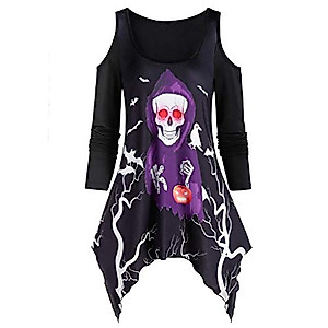 Women's Hoodies Sweatshirt Thenlian Women Casual Off Shoulder Long Sleeve Skull Ghost Pumpkin Print Plus Size Tops(XXL, Black)