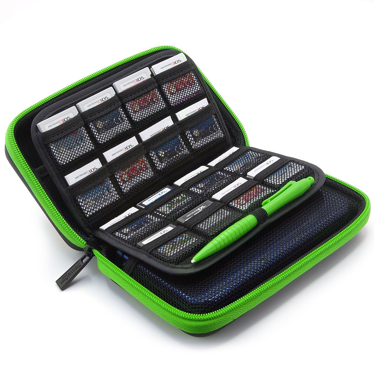 BRENDO 2DS XL Case, 3DS XL Carrying Case for New Nintendo 2DS XL and 3DS XL, 24 Game Cartridge Holders and a Large Stylus - Black/Lime Green