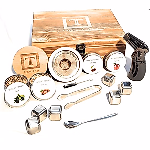 Cocktail Smoker Kit - Bourbon/Whiskey/Brandy Old Fashioned Smoker Kit with Torch, Four (4) Types of Natural Wood Chips, Stainless Ice Stones, and More - Gift for Men