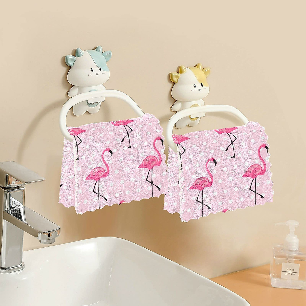 Kigai Pink Flamingos and Dots 11×11 Inches Polyester Flannel Six-Piece Multifunctional Kitchen Dishcloth Soft Absorbent Towel Dishcloth Tea Towel Square Towel