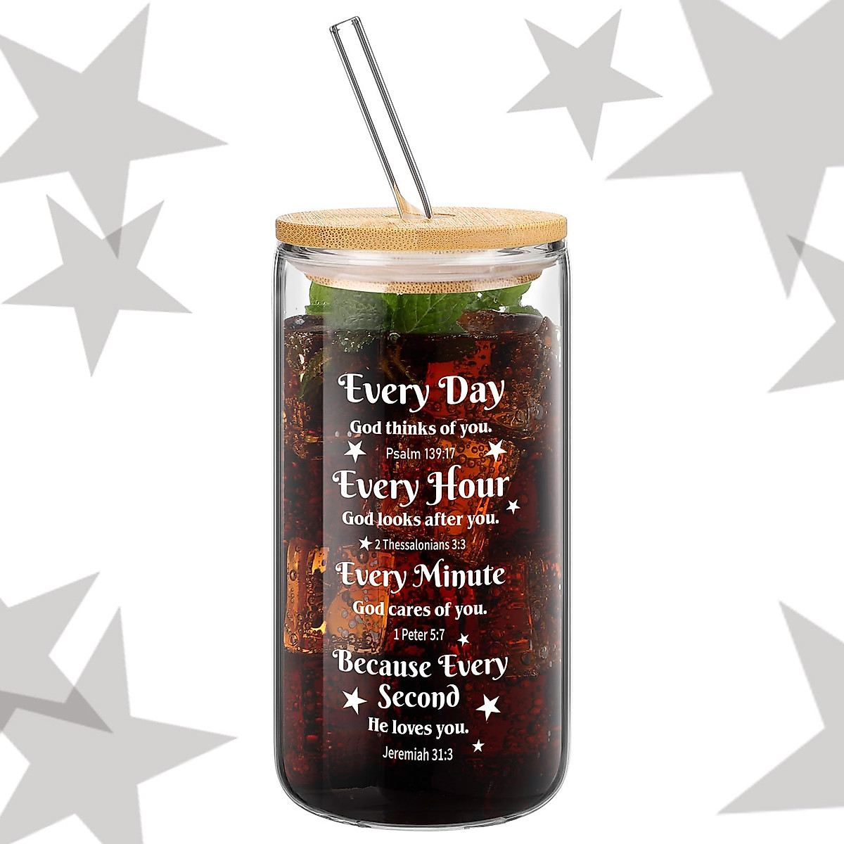 Karenhi Christmas Glass Cups Christian Tumbler Cup Glass Water Bottles Coffee Mugs Gifts for Women 16 oz Glass Bible Spiritual Glass Cups with Bamboo Lids and Glass Straw for Women(Star)
