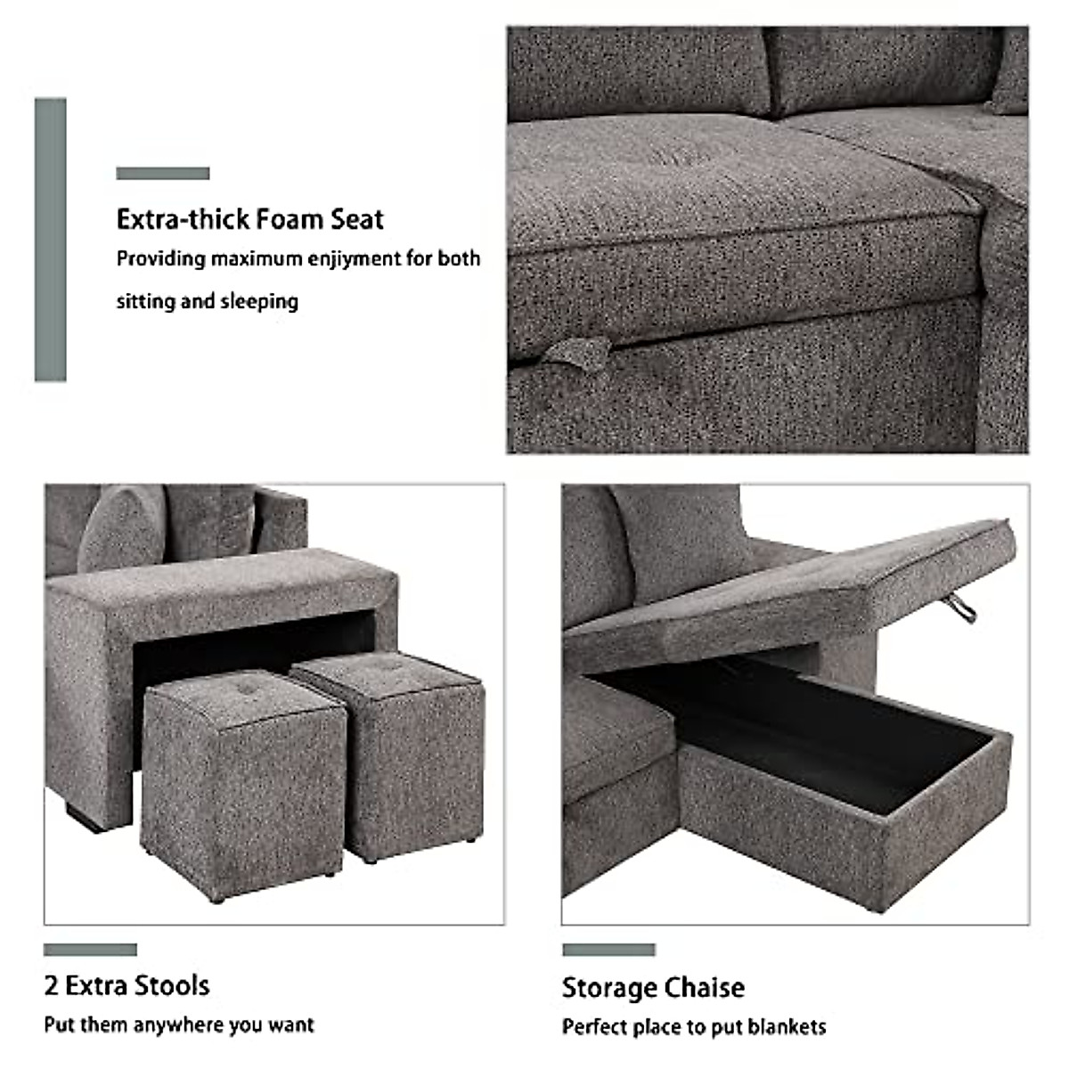 Merax 104" L-Shape 3 Seat Reversible Sectional Sofa Couch with Pull Out Bed, Sleeper Sofa with Storage Chaise and 2 Stools for Living Room Furniture Set