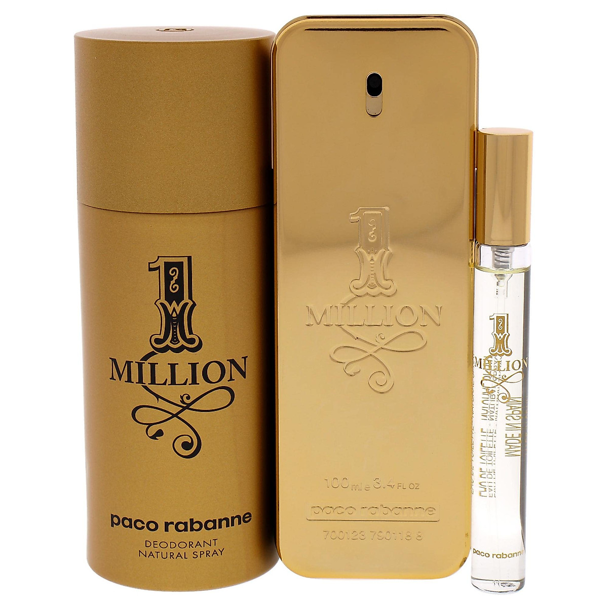 Paco Rabanne 1 Million Men 3.4oz EDT Spray, 0.34oz EDT Spray, 5.1oz Deodrant Spray 3 Pc Gift Set