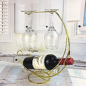 Homya Tabletop Metal Wine Bottle Rack Elevated Vertical Countertop Wine Glass Display Organizer, Dining Table Offers Wine Glasses as Gifts, Holds 1 Bottle 2 Glasses, Plating Craft Gold Glod