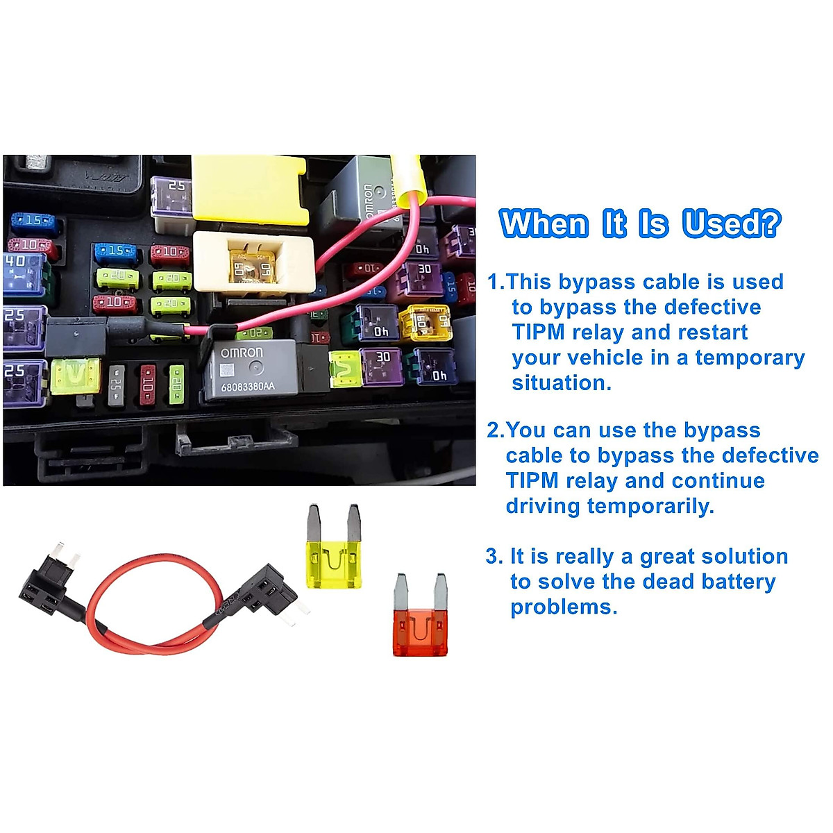 TIPM Bypass Cable, Fuse Adapter Fuse Holder,Repair Fuel Pump Relay Bypass Cable Compatible with Dodge Ram 1500 2500 3500 Jeep Chrysler VW 2007-2016, 14AWG Wire/20AMPs Replace CBWPR091AA