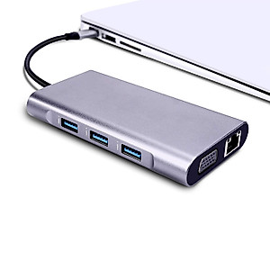 USB C Hub 10 in 1 Type C Hub with Ethernet, 4K USB C to HDMI, VGA, PD Power Delivery, 3 USB 3.0 Ports, USB C to 3.5mm, SD/TF Cards Reader for MacBook/Pro/Air and Type C Windows Laptops