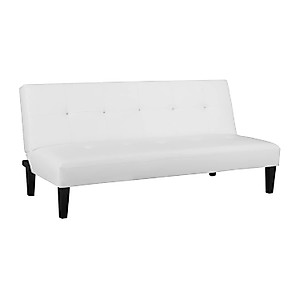 Naomi Home White Faux Leather Convertible Futon Sofa Bed, Button Tufted, 3 Positions, Small Couch Bed with Wooden Legs, 58 lbs, 500 lbs Capacity