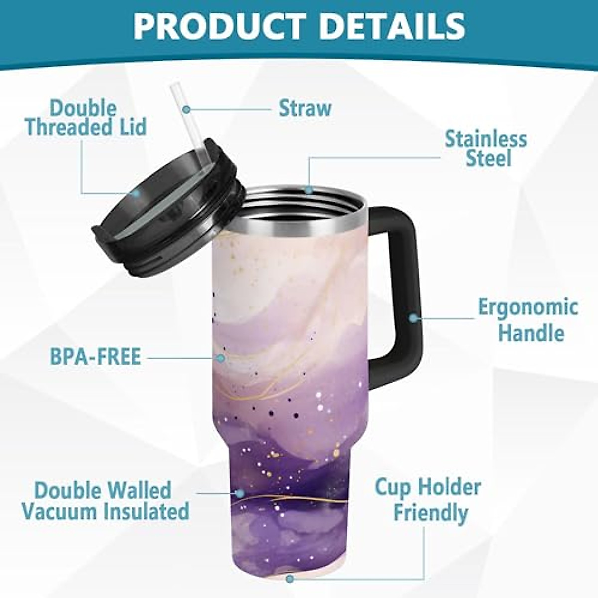 SEHANY Purple Marble 30 Oz Tumbler with Lid and Straw, Double Vacuum Stainless Steel Insulated Sports Water Bottle Cup Holder Friendly Leak-Proof Travel Coffee Cup for Iced Drink