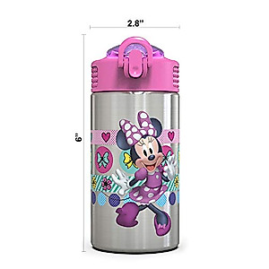 Zak Designs Disney Minnie’s Happy Helpers - Stainless Steel Water Bottle with One Hand Operation Action Lid and Built-in Carrying Loop, Kids Water Bottle with Straw Spout (15.5 oz, 18/8, BPA Free)