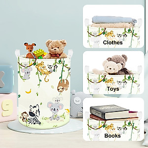 Clastyle 45L Vine Woodland Animal Hamper for Boy Girl Elephant Giraffe Lion White Round Toy Clothes Storage Basket for Nursery Room