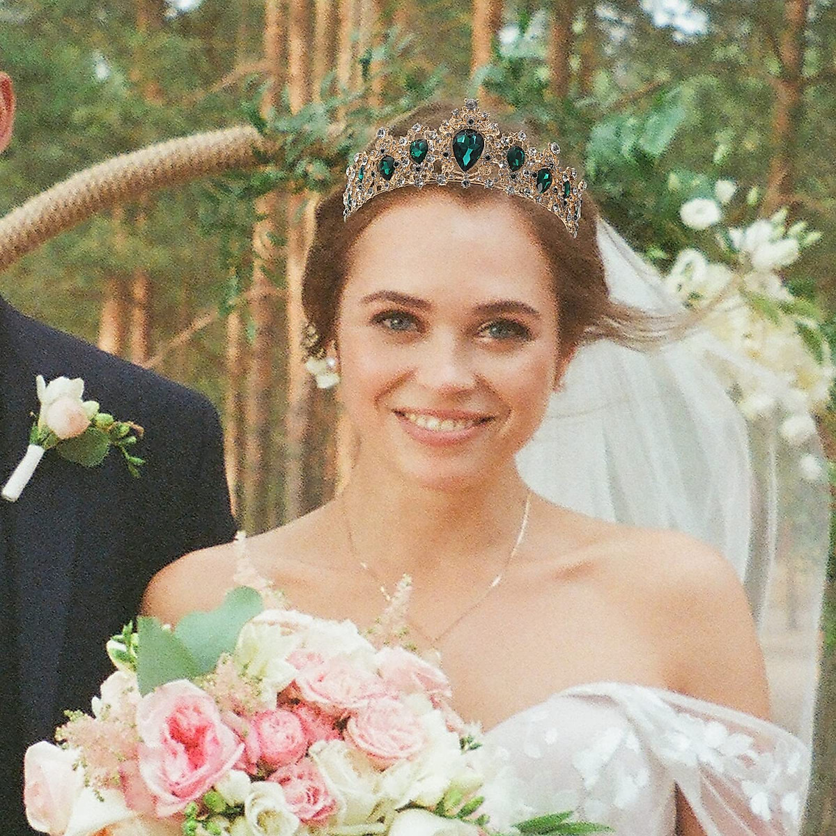 Generic Wedding Bridal Flower Jewelry Set Baroque Tiara Crystal Crown with Comb Retro Rhinestone Necklace Earrings Bridesmaids Queen Costume for Prom Party ( Green )