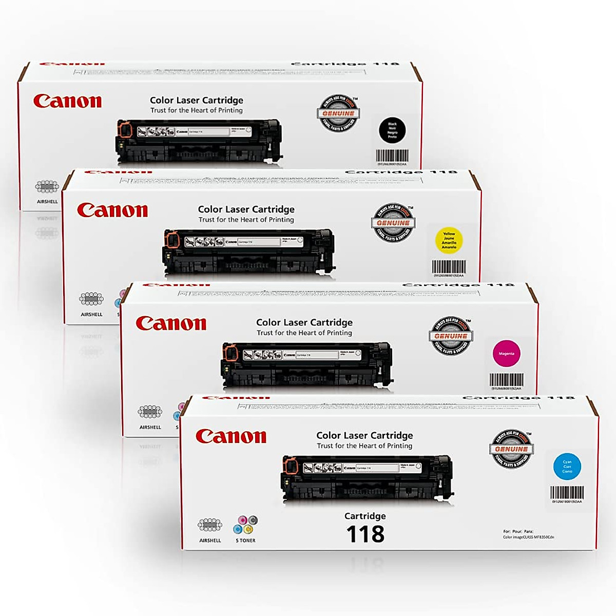 Canon Genuine Toner Bundle 118 2660B021 4 Pack 1 Each: Cyan Magenta Yellow Black for Canon Color imageCLASS MF8350Cdn MF8380Cdw MF8580Cdw MF729Cdw MF726Cdw LBP7200Cdn LBP7660Cdn Laser Printers