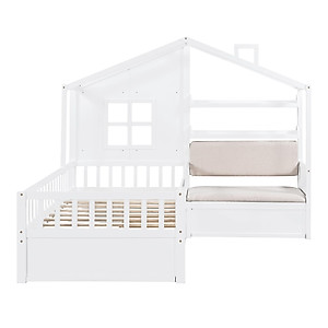 EOVTK Twin Size Kids House Bed with Upholstered Sofa, 2 Drawers and Storage Shelves, Wood Multifunctional Montessori Bed with Safety Guardrail for Boys Girls, White