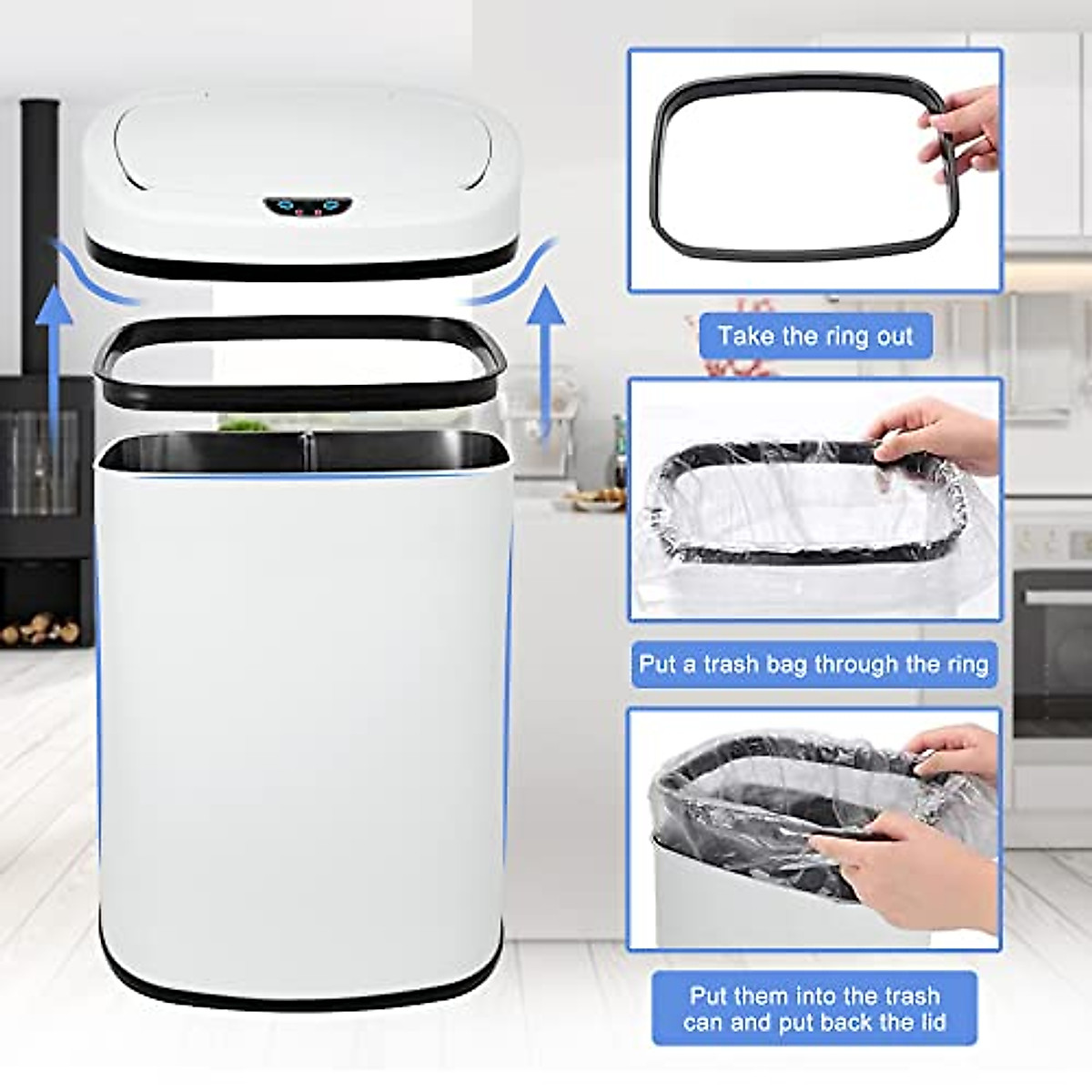 PIKAQTOP Automatic Touchless Infrared Motion Sensor Trash Can 13 Gallon, 50L High-Capacity Finger-Print Resistant Stainless Steel Brushed Bin with Lid, Garbage for Bathroom Bedroom Home Office, WHITE