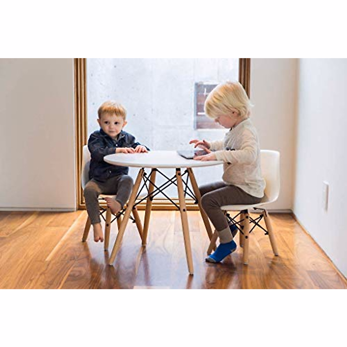 UrbanMod Kids Mid Century Style Furniture, Modern White Table Set, Round Table with Two (2) ABS Easy-Clean Chairs Highest Strength Capacity (330lbs) - Safer Chair Height