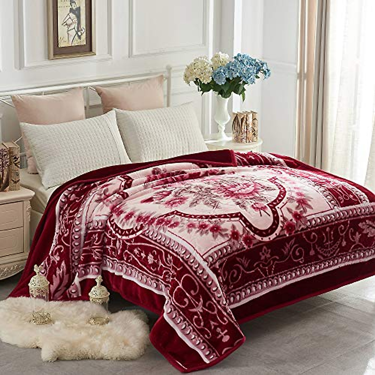 JYK Heavy Korean Mink Fleece Blanket, 5 LB - 2 Ply Reversible 520GSM Silky Soft Plush Warm Blanket for Autumn Winter (Queen, Flower/Burgundy)
