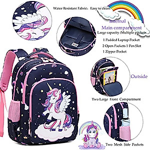 Dafelile Unicorn Backpack for Girls School Backpack Unicorn Bookbag 3 in 1 Set for Girls Elementary with Chest Strap and Lunch Bag