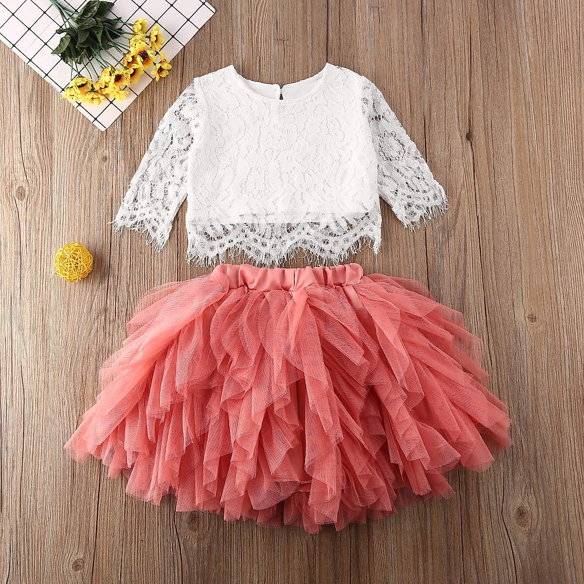 Goelsakurara 2PCS Kids Baby Girl Lace Hollow T-Shirt Tops+Tutu Skirt Toddler Ruffle Layers Dresses Outfits Birthday Party Pink, 3-4T