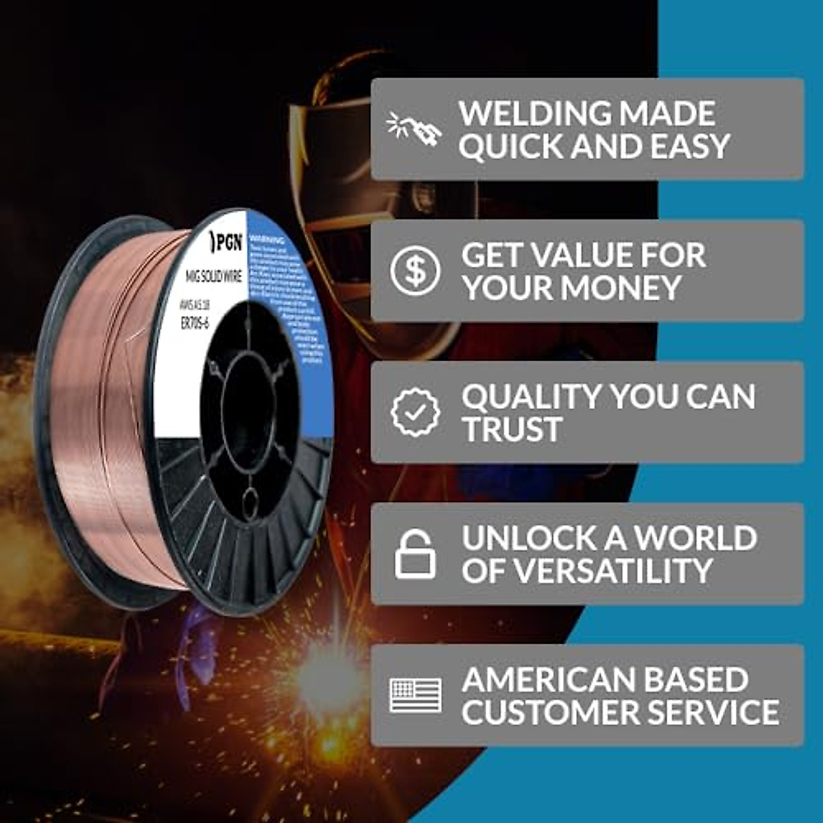 PGN Solid MIG Welding Wire - ER70S-6 .035 Inch - 10 Pound Spool - Mild Steel MIG Wire with Low Splatter and High Levels of Deoxidizers - For All Position Gas Welding