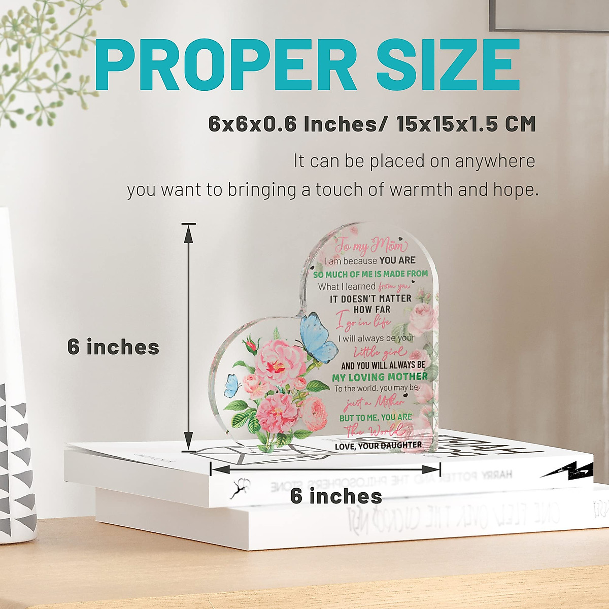 Mothers Day Gifts for Mom from Daughter, Mom Birthday Gift Ideas, Grateful Gift for Mother Butterfly Flower Desk Decor Acrylic Heart Sign Appreciation Gifts for Mom