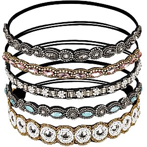 Teenitor 5Pcs Headbands for Women Rhinestone Beaded Headband, Head Bands for Women's Hair Fashionable Handmade Crystal Beaded Elastic hairbands Lady Women Girls Hair Jewelry Accessories, 20-26.8"