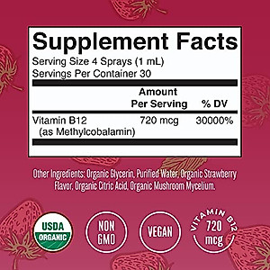 Vitamin B 12 Spray | USDA Organic Liquid B12 Spray for Nerve Function & Energy Boost | Sugar Free | Non-GMO, Vegan, Gluten Free | Strawberry | 1 Fl Oz (Pack of 1)