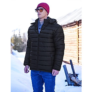 BEST SOUTH Men's Winter Puffer Jacket Hooded Puffy Fleece Warm Lightweight Coat Outerwear Cold Weather Black Ink XX-Large