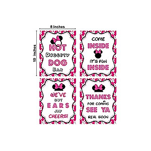 Minnie Mouse Birthday Decoration Signs | 4 Different Party Signs | 8 x 10 inch Minnie Mouse Party Supplies Birthday Sign Printed in Card stock | Minnie Mouse Clubhouse Inspired Door Signs | Food Labels Disney Decorations Hot Dog Bar Decor