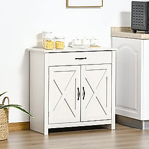 HOMCOM Farmhouse Sideboard Buffet Cabinet, Barn Door Coffee Bar Cabinet with Drawer and Adjustable Shelf, Kitchen Cabinet for Living Room, Entryway, White Wash
