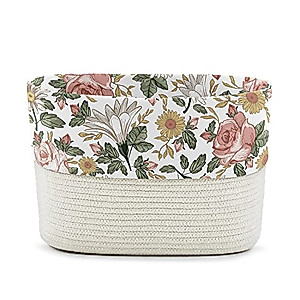 Sweet Jojo Designs Blush Pink Yellow Vintage Floral Boho Girl Woven Storage Basket Decorative Cotton Rope Lined Bin Baby Nursery Kids Bedroom Toys Closet Shelf Organizer Bohemian Shabby Chic Farmhouse