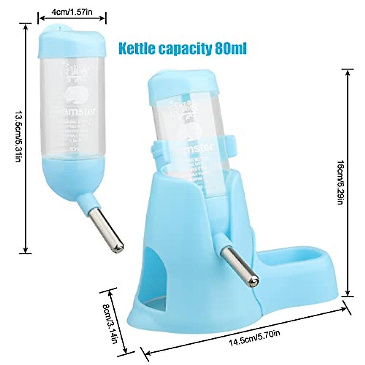 Hamster Water Bottle, [3 in 1-2.7oz] Diyife Guinea Pig Water Bottle No Drip, 80ml Small Animal Auto Dispenser with Food Container Base for Hamster Bunny Chinchilla Squirrel, Small Pets (Blue)