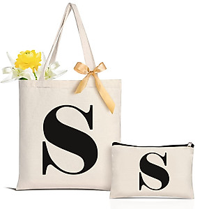 AUNOOL Monogrammed Tote Bags for Women with Canvas Makeup Bag and Zipper Pocket, Birthday Gifts for Wife, Graduation Gift Bridal Shower Gift Ideas Bridesmaid Gifts Mother's Day Gift Ideas Letter S